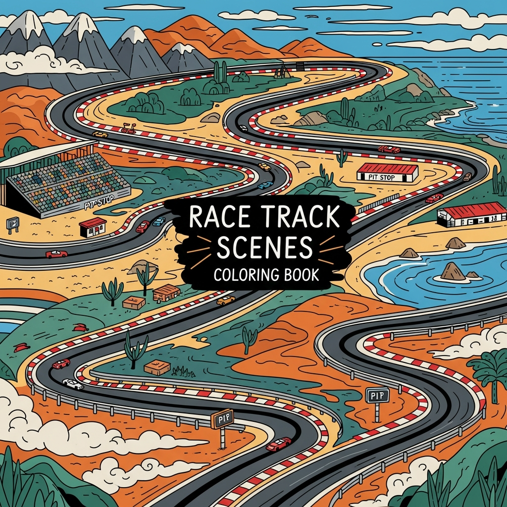 Race Track Scenes - Free Printable Coloring Book