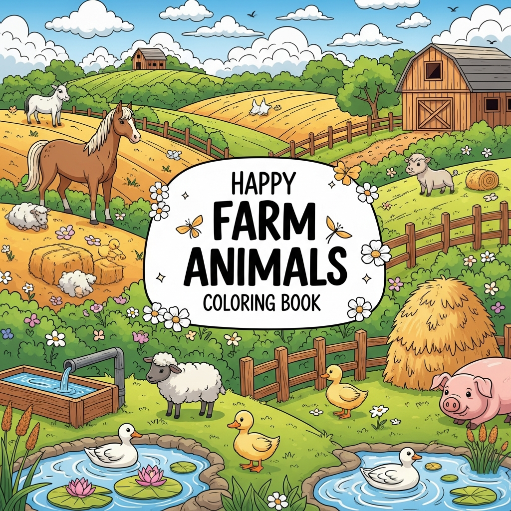 Happy Farm Animals - Free Printable Coloring Book